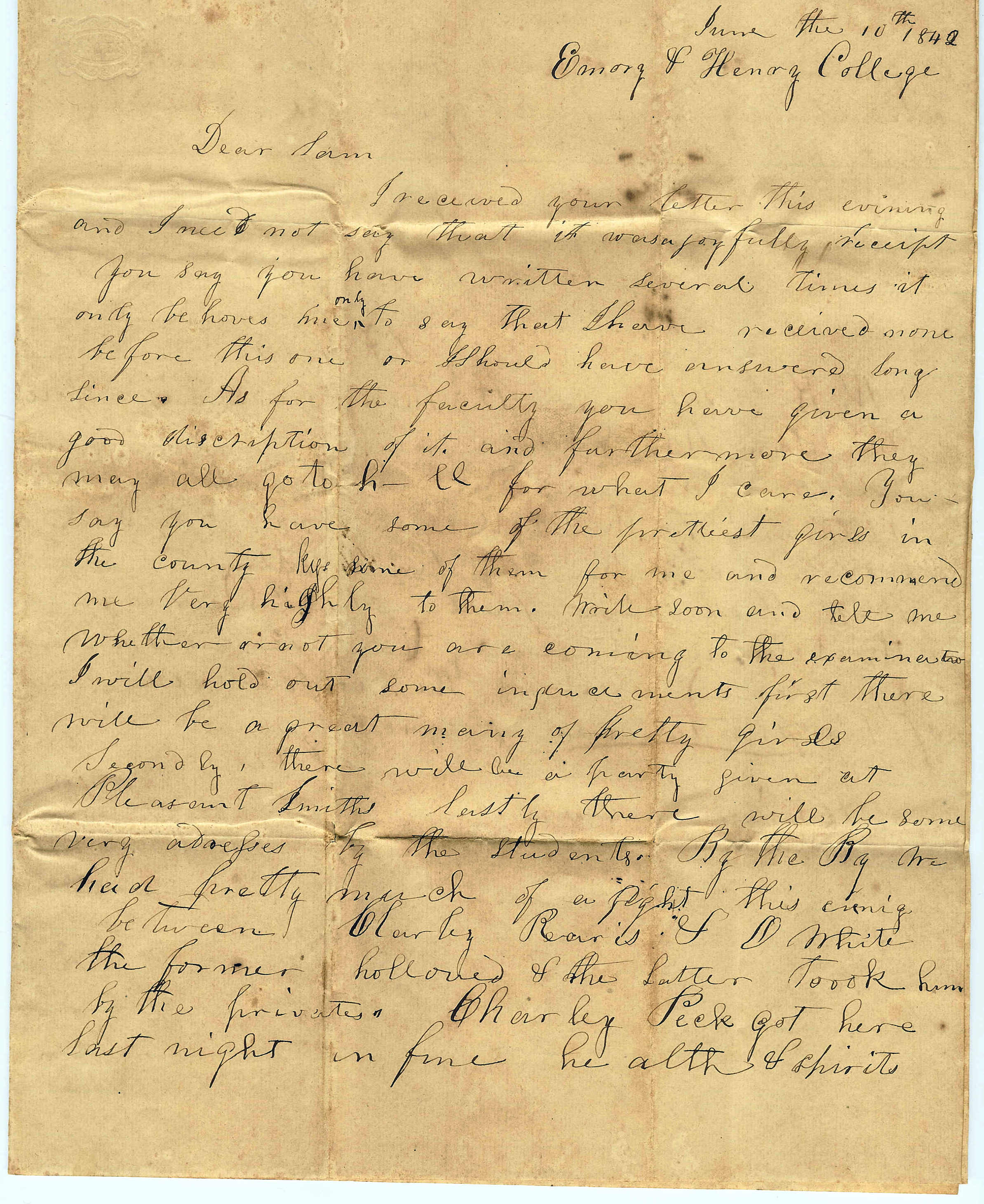 Letters: Glad to hear from Samuel; this is the first letter received ...